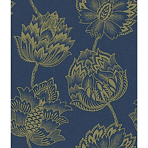 RoomMates RMK11909WP Navy and Gold Batik Jacobean Peel and Stick Wallpaper