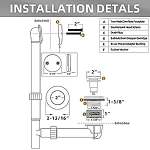 EXAKEY Tub Drain - Tip Toe Bathtub Drain Kit with Two-Hole Overflow Faceplate, Bath Tub Drain with Universal Fine Thread & Coarse Brass Thread Bushing Assembly Anti-Rust Matte Black