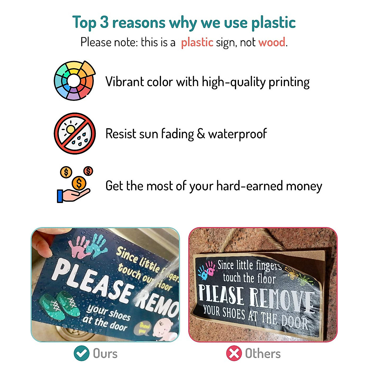 Fun-Plus Please Take Your Shoes Off - Remove Your Shoes Sign - 10″x5″ PVC Plastic Hanging Sign- Since Little Fingers Touch Our Floor