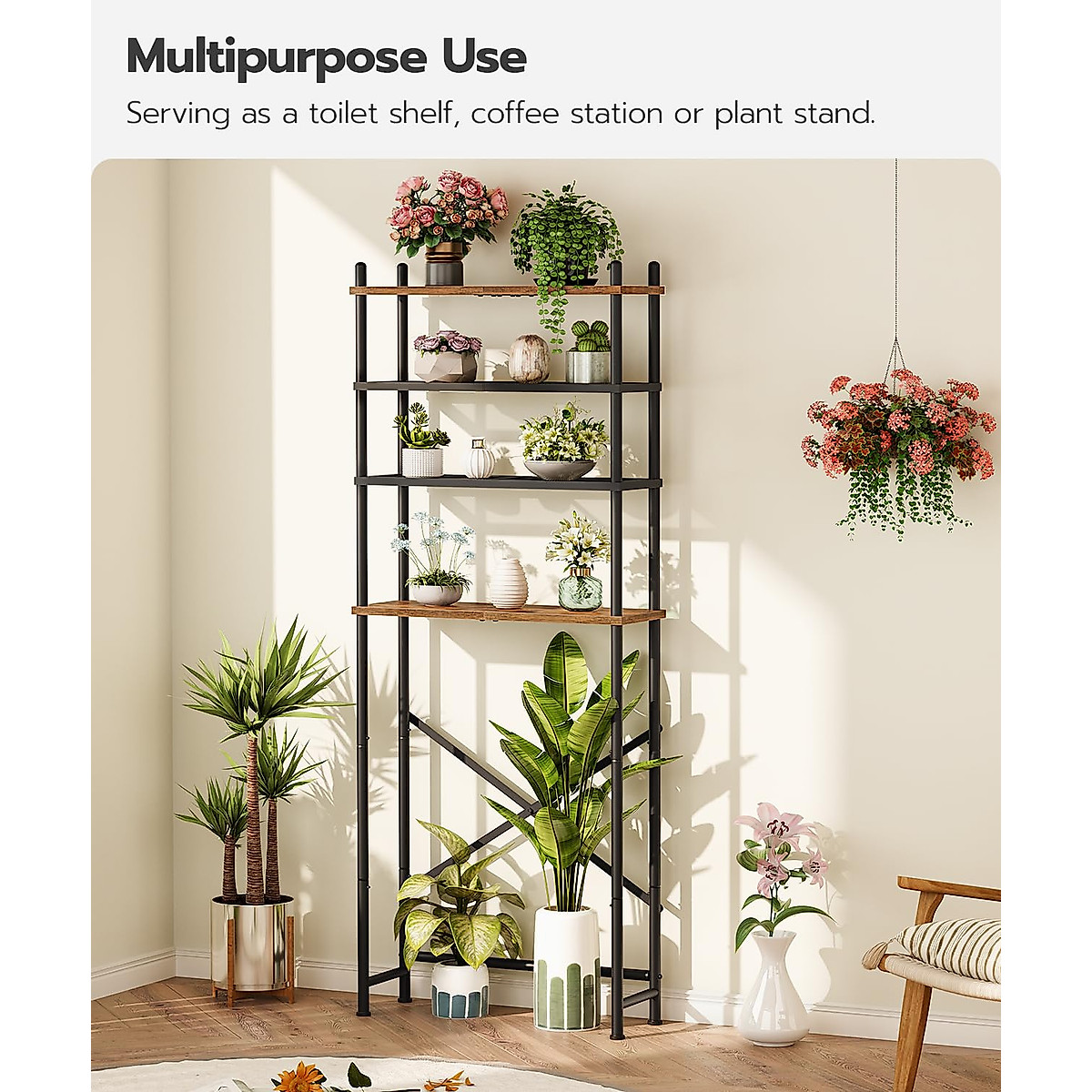 HOOBRO Over The Toilet Storage, 4-Tier Over Toilet Bathroom Organizer, Freestanding Above Toilet Shelf with Adjustable Feet, Space Saving, Easy to Assemble, Rustic Brown and Black BF64TS01