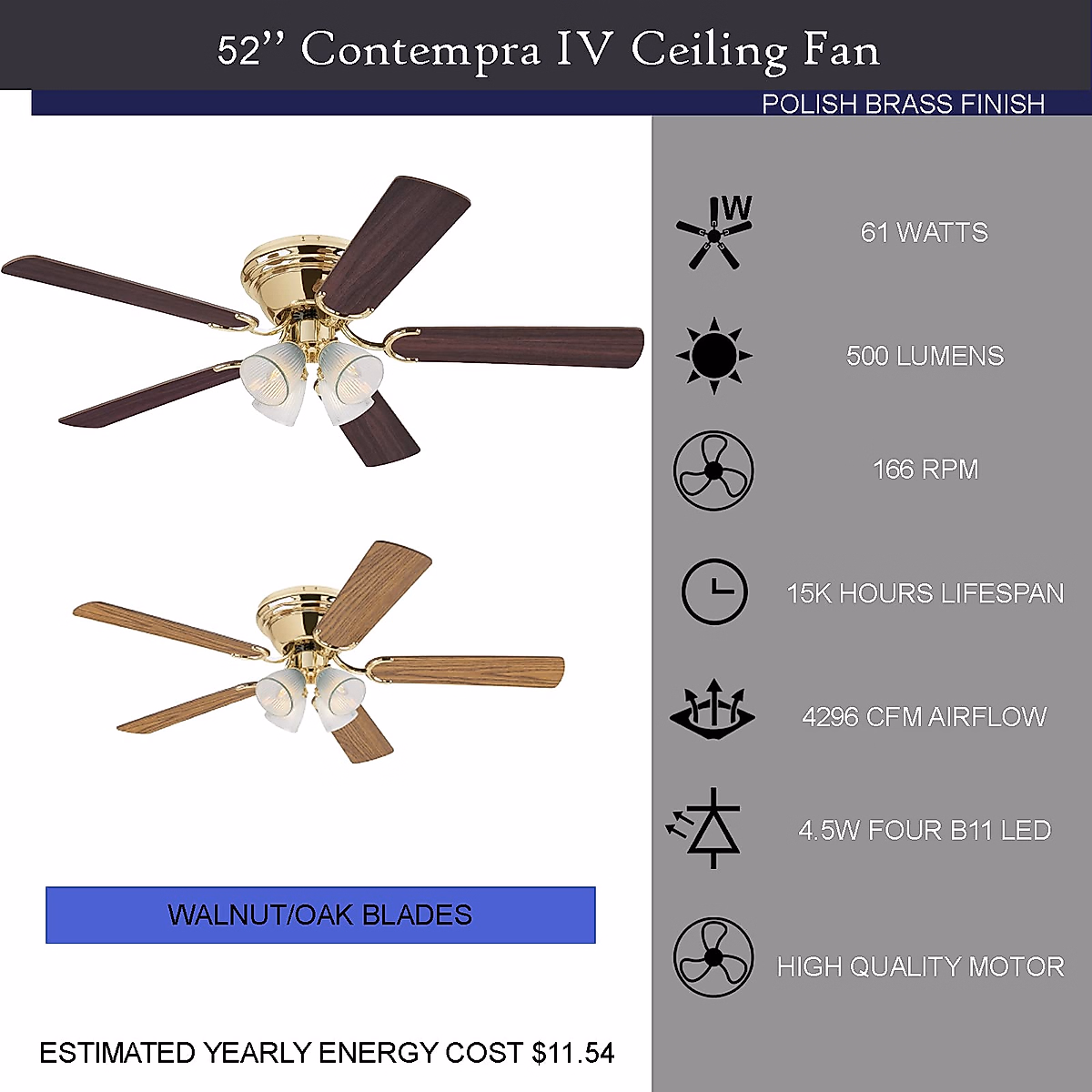 Ciata Lighting 52 Inch Contempora IV Polished Brass Finish Indoor Ceiling Fan with Dimmable LED Light Fixture in Clear Ribbed Glass with Reversible Walnut/Oak Blades