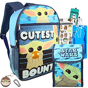 Fast Forward Baby Yoda Backpack with Lunch Bag for Boys - Bundle with Baby Yoda Backpack, Baby Yoda Lunch Box, Water Bottle, Stickers, Keychain, More | Star Wars Backpack Set