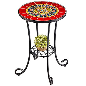 VONLUCE Patio Side Table and Plant Stand, 21" End Table with 14" Ceramic Tile Top for Porch Garden Decor, Indoor and Outdoor Mosaic Table, Living Room Bedroom Balcony Furniture for Home & Garden, Red