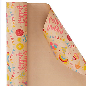 RUSPEPA Kraft Wrapping Paper Roll - Birthday Theme Design Great for Birthday, Party, Baby Shower Wrap - 24 inches X 100 feet