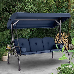 HOMREST 3 Seat Outdoor Porch Swing with Adjustable Canopy, Convertible Patio Swing Bed with Stand, Patio Glider Swing with Upgraded Cup Holder, Thicken Cushions ＆ Pillow for Backyard (Blue)