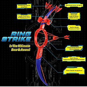 Funwares Ring Strike Archery Bow and Arrow Launches Arrows Over 200 Feet, includes 1 Kid-Powered Bow and 4 Whistling Foam Tipped Arrows