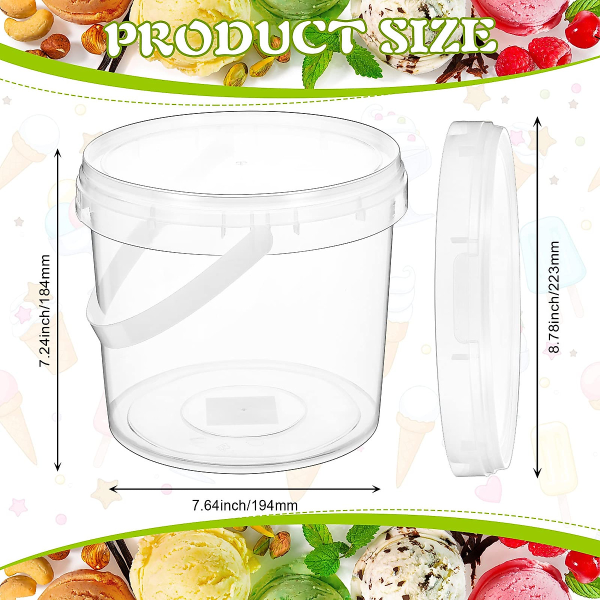 Didaey 8 Pcs 1.3 Gallons Round Ice Cream Bucket Clear Plastic Bucket with Lid and Handle Ice Cream Tub Freezer Food Storage Ice Cream Containers Pail with Lid for Summer Jelly Cold Drink Juice