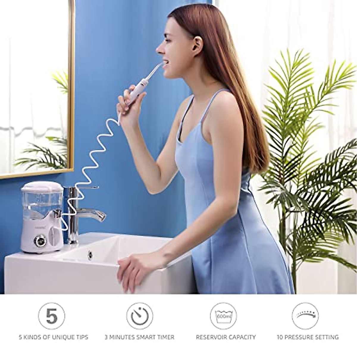 ROSPEC Dental Water Flosser with 7 Multifunctional Tips &a Oral cavity mirror,600ML Detachable Water Tank,10 Adjustable Pressure,For Adults & Kids – Waterproof,Electric Dental Pick Flosser (white)