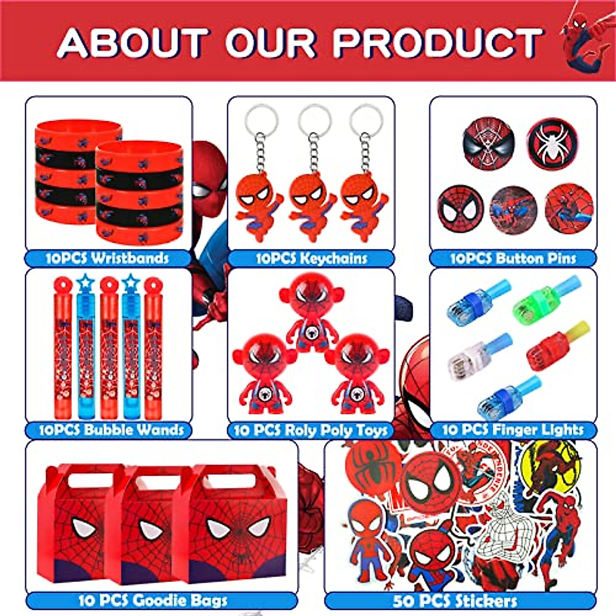 Spider Birthday Party Favors for Kids - 120 Pcs Bubble Wands, Finger Lights, Tumblers, Keychains, Goodie Bags, Wristbands, Stickers, Button Badges Christmas Hero Supplies for Boys Girls Gifts