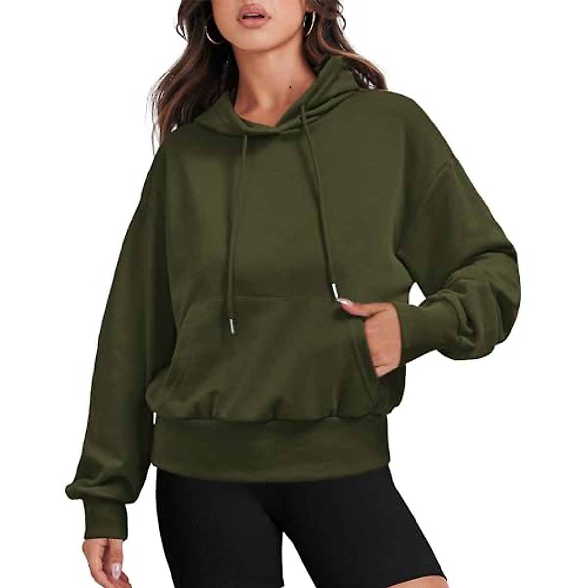 BTFBM Women's Casual Long Sleeve Cropped Hoodies Pullover Fall Winter Fashion Drawstring Sweatshirts Tops Pockets(Solid Army Green, Large)