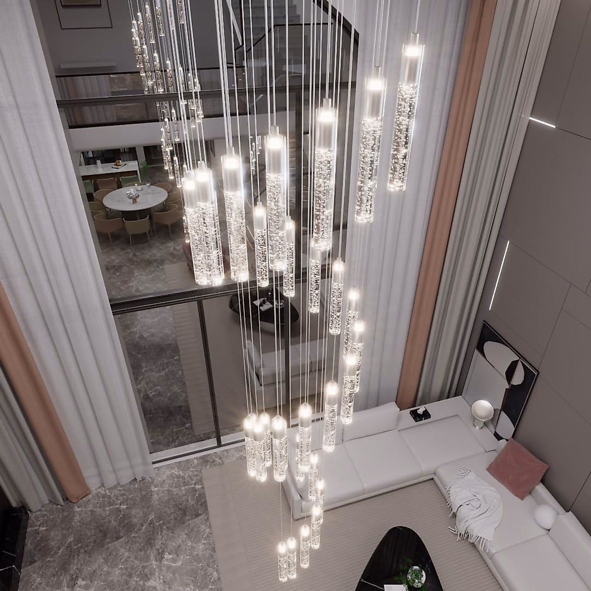 IDEQUY Large Crystal Chandeliers for High Ceilings 32-Lights Silver 150in Spiral Crystal Column Chandelier for Foyer Entryway LED Dimmable 3000K-6000K