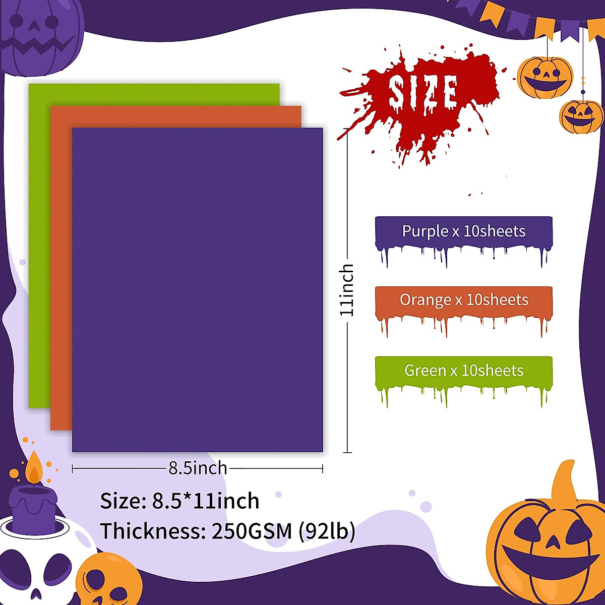 30 Sheets Halloween Cardstock 250gsm Halloween Construction Paper 3 Colors Cardstock 8.5 X 11 Inch, Black Cardstock Scrapbook Paper Kit for School Supplies, Holiday Crafting, Arts and Crafts