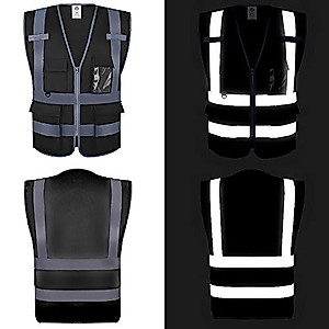 Dazonity High Visibility Safety Vest with Multi Pockets and Zipper, 2XL,Reflective Strips, Fit for Men & Women, Work, Construction,Cycling, Runnning, Surveyor, Volunteer (Black-2XL)