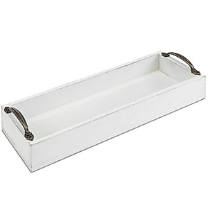MyGift 16-inch Vintage White Wood Serving Tray with Decorative Antique Metal Handles | Farmhouse Decor Rectangular Butler Tray | Coffee Table/Dining Table Centerpiece Candle Holder Tray