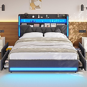 busyaeh King Bed Frame and Headboard with Storage, King Size Bed Frame with LED Lights & Charging Station, Upholstered King Bed Frame, No Noise, No Box Spring Needed, Easy Assembly