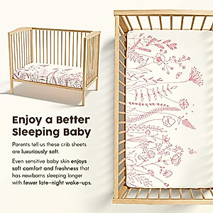 Carlsbad Linen Company Breathable Muslin and Silky Soft Bamboo Fitted Crib Sheet Ultimate Quality for Baby Boy or Girl Toddler (52"x28"x7") Cream and Pink Grass Flower Silhouette