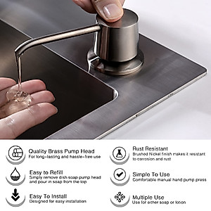 PBF Built in Soap Dispenser for Kitchen Sink, Lotion Dispenser with Above The Sink Refillable Bottle, Brass Pump Head, for countertop, Brushed Nickel