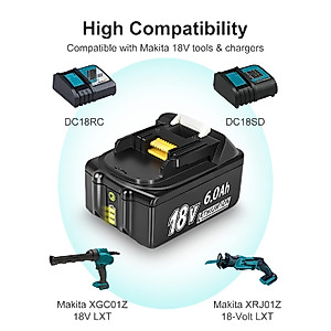 2-Pack 18V 6000mAh Battery Replacement for Makita 18V Battery Kit and Charger with Tool Bag Included Compatible with Makita BL1830B BL1840B BL1850B BL1860B，More