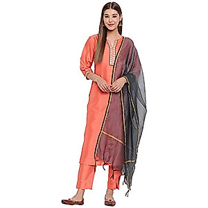 Janasya Indian Women's Peach Poly Silk Kurta with Pant and Dupatta(SET199-KR-NP-S)