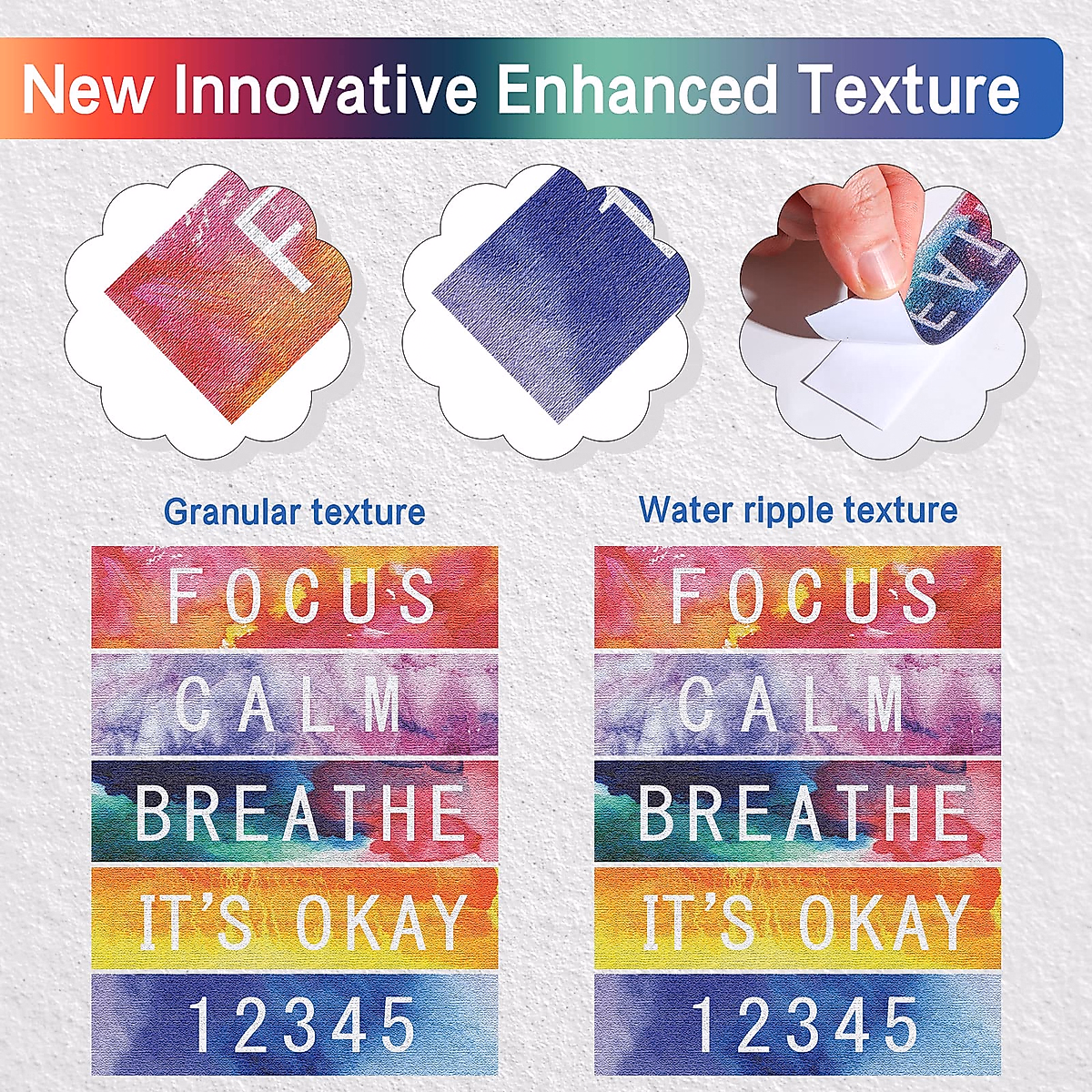 80 Pcs Anxiety Sensory Stickers with Inspirational Quotes Calm Textured Strips Relief Mental Health Stickers School Office Adhesive Sensory Tape Anti Stress Toys for Adults Teens (Watercolor)