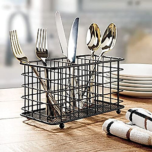 mDesign Farmhouse Modern Metal Wire Cutlery and Utensil Storage Organizer Bin for Kitchen, Pantry, Table and Countertop - Utensil Caddy Holds Forks, Knives, Spoons, Napkins - 3 Sections - Black