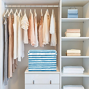 Gredecor Blue-white Stripes Large Storage Basket Bins with Lid Storage Boxes Organizer with Handle 16.5"x12.6"x11.8" Collapsible Storage Cube for Toys Bedroom Nursery Home