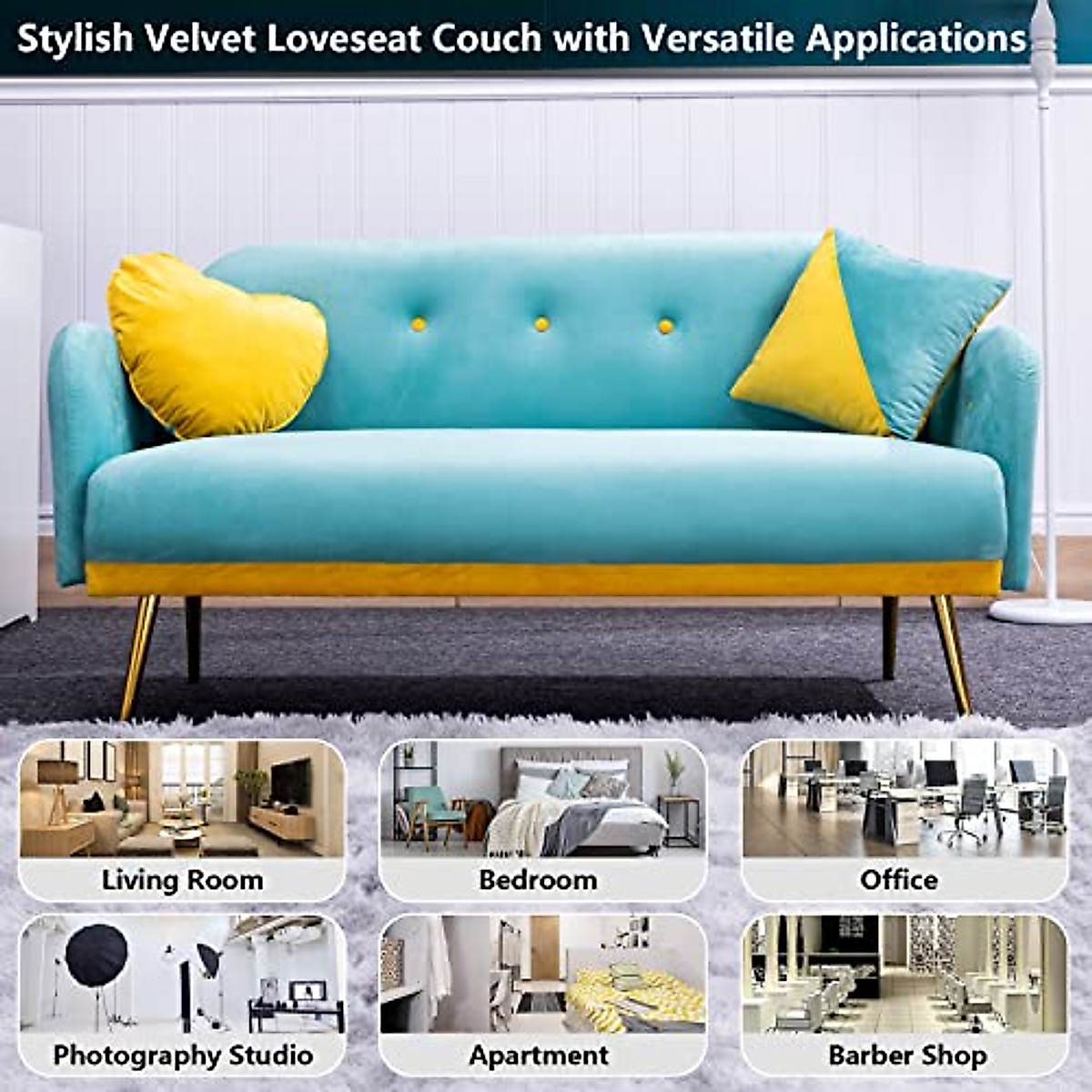 Betoko Tufted Velvet Loveseat Sofa Stylish Color Block Love Seats Couches Cute Cotton Candy Loveseat Sofas for Living Room Bedroom with Golden Metal Legs and Side Pockets (Light Blue)