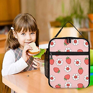 MINBHEBYUD Retro Pink Daisy Strawberry Fruit Lunch Bag for Men Women Adults, Insulated Lunch Bags for Office Work, Reusable Portable Lunch Bag