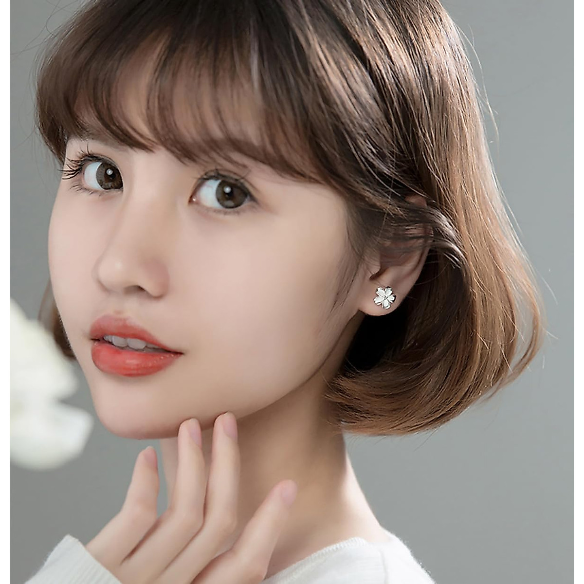 Reffeer Solid 925 Sterling Silver Plumeria Flower Stud Earrings for Women Teen Girls Crystal Flower Stud Earrings (A-Silver)