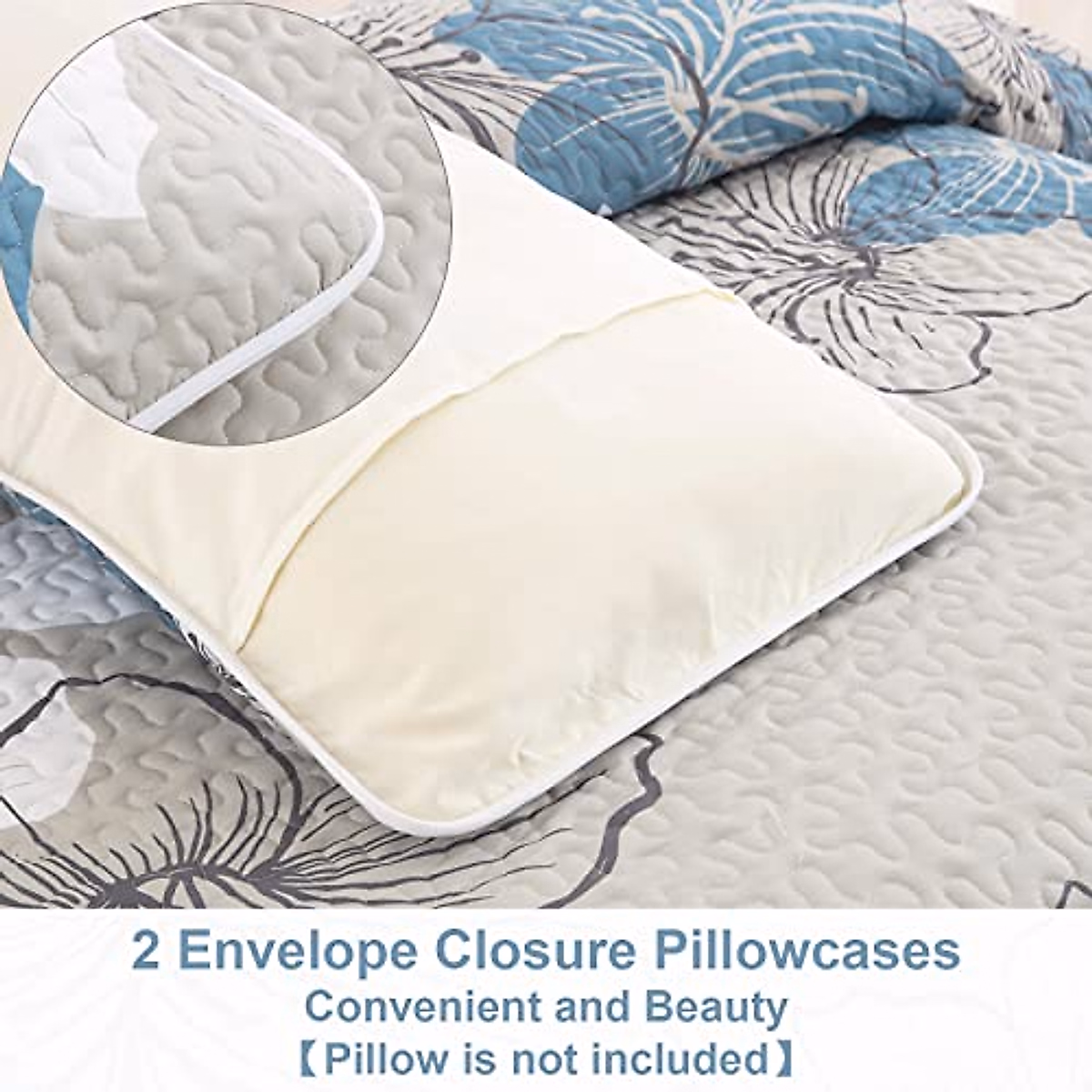 DJY 3 Pieces Quilt Set California King Blue Floral Pattern Quilt Coverlet Elegant Boho Bedspread with 2 Pillow Shams Lightweight Floral Summer Bedding Quilt for Adults Teens 106"x96"