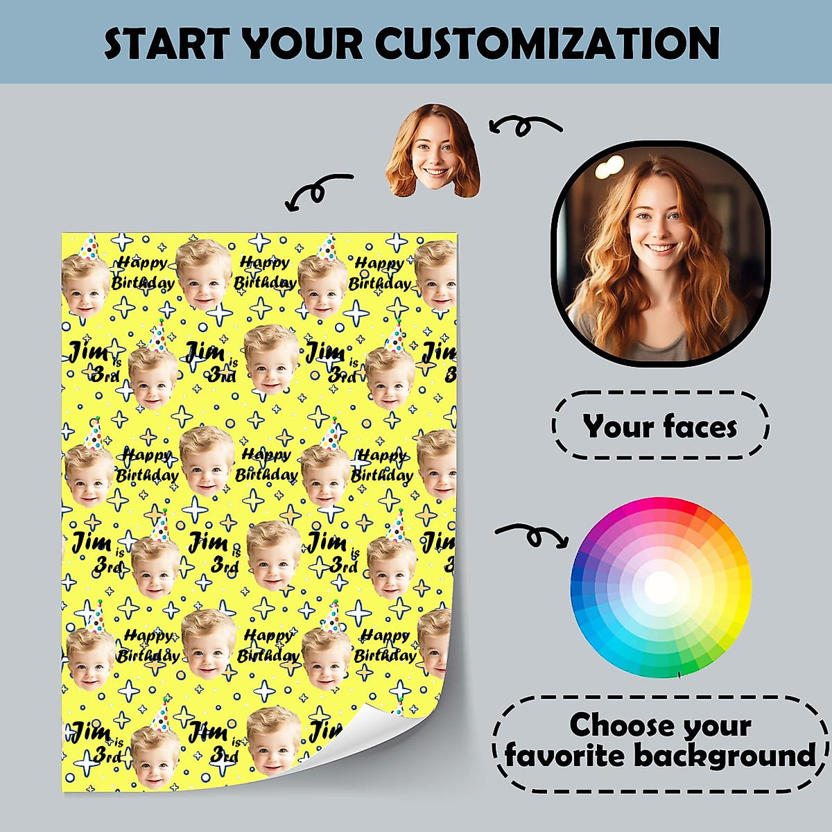 Oktaha Custom Gift Wrapping Paper for Birthday Christmas Holiday Party, Personalized Funny Faces Wrapped Paper, Made IN USA, Multi Designs, Roll 58"x 23" (Pattern-24)