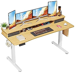 Sweetcrispy Electric Standing Desk Adjustable Height Stand Up Desk, 63 x 24 Inch Sit Stand Desk Adjustable Desk, Home Office Computer Desk with Storage Shelf, Double Drawer, Splice Board, Oak Desktop