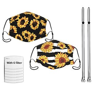 2PCS Vintage Sunflower Cloth Face Mask,Sunflower Pattern Black and White Face Covers,Washable Face Masks Reusable Mask with 6 Filter and 2 Lanyards Adjustable Breathable Mask Cover for Women Men Adult