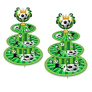 LJCL 2PCS 3-Tier Soccer Cupcake Stand and Dessert Tower, Football Cupcakes Stand Reusable Kid Birthday Baby Shower Sports Theme Party Supplies Dessert Stand, 12X15in