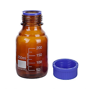 Pastein 10 Pieces Amber Glass 250 mL Graduated Round Lab Reagent Media/Storage Bottle With GL45 Blue Screw Cap