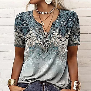 SMIDOW Trendy Summer Tops for Women 2023 Casual Loose Fit Short Sleeve v Neck Shirts Ethnic Style Graphic Tees Blouse