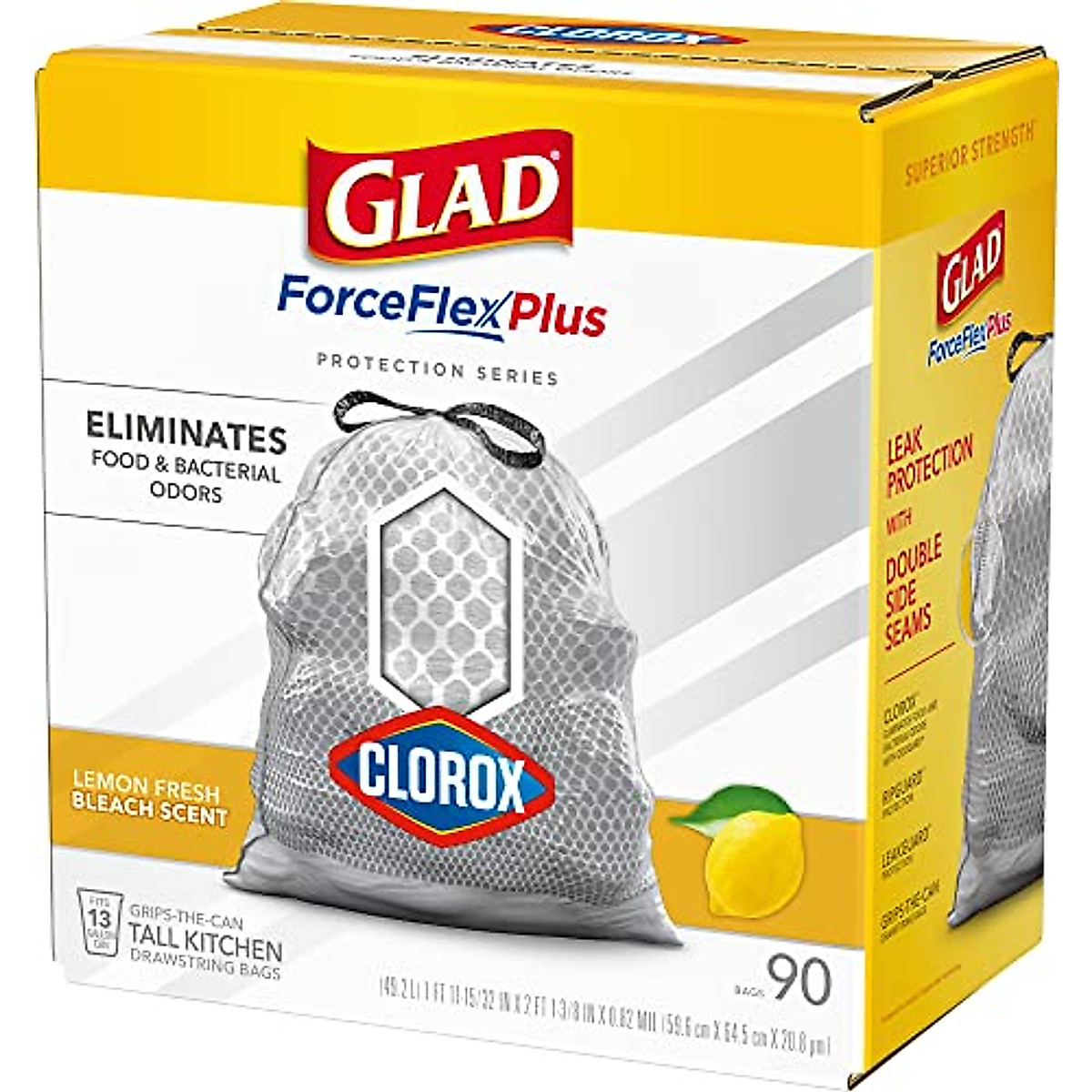 GLAD ForceFlexPlus Tall Kitchen Trash Bags, 13 Gallon Trash Bags for Tall Kitchen Trash Can, Lemon Fresh Bleach Scent to Eliminate Odors, 90 Count (Package May Vary)