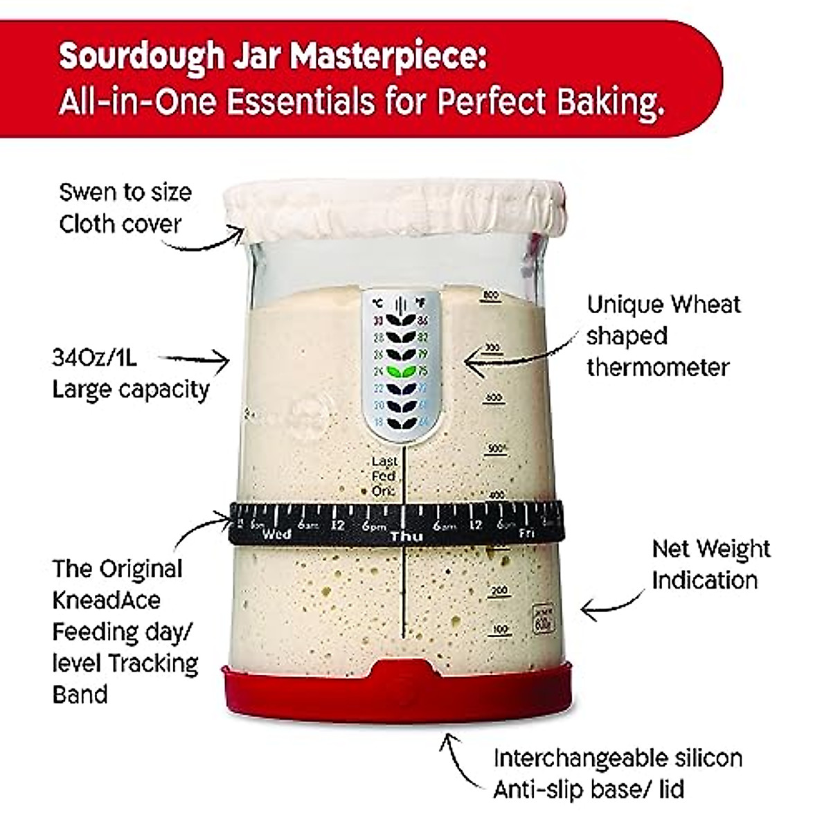 KneadAce Pro Sourdough Bread Starter Kit - 34 oz Large Capacity Sourdough Starter Jar with 5 unique features for the perfect sour dough bread & sourdough starter kit - sourdough bread baking supplies