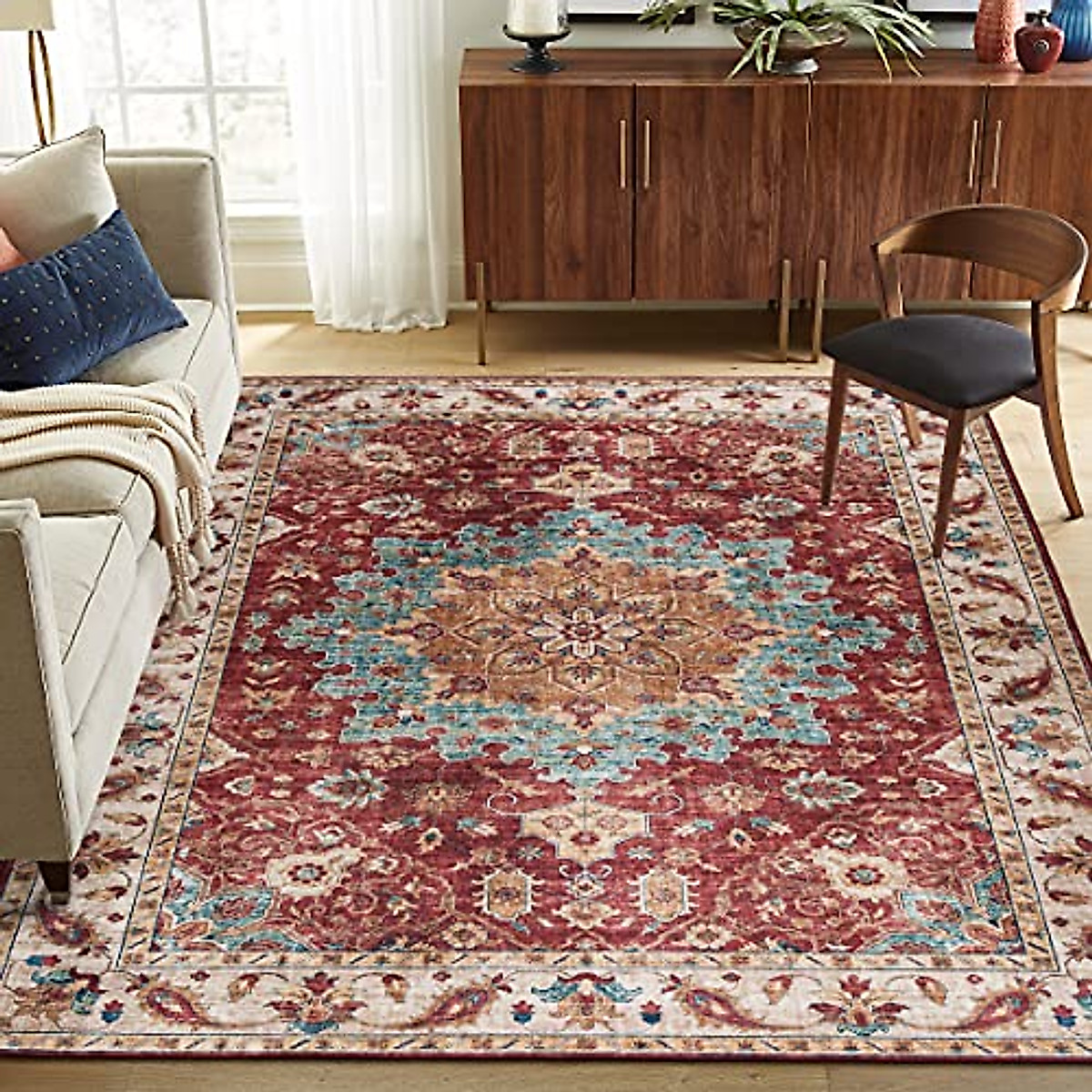 ReaLife Machine Washable Rug - Stain Resistant, Non-Shed - Eco-Friendly, Non-Slip, Family & Pet Friendly - Premium Recycled Fibers - Distressed Vintage Medallion - Brick Red, Blue, Beige, 3' x 5'