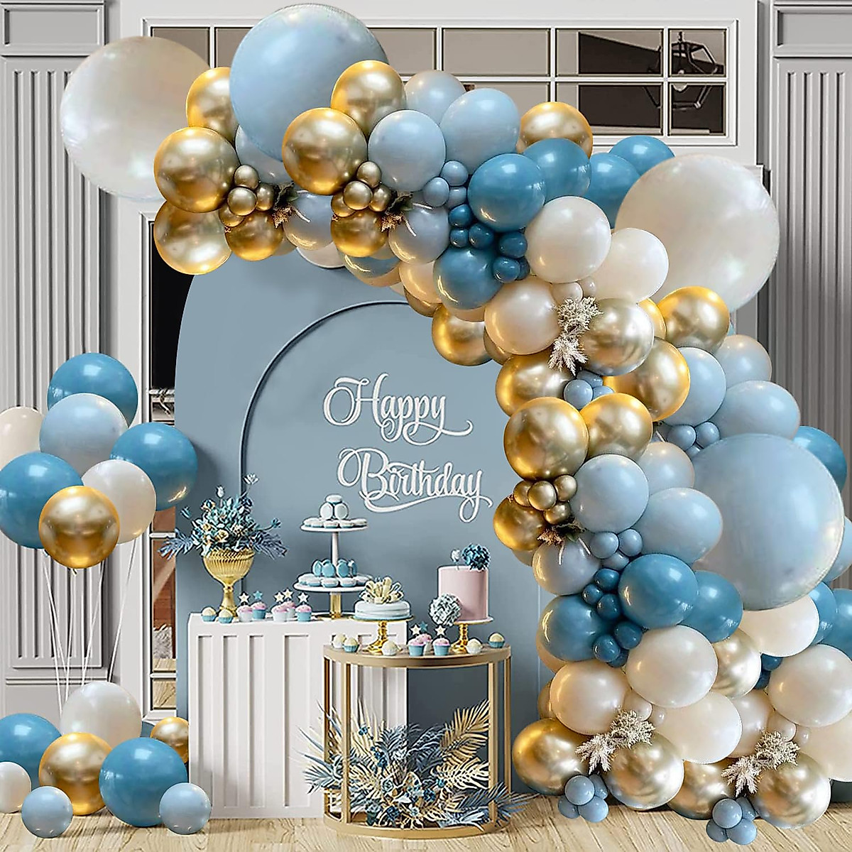 Dusty Blue Balloons Garland Kit, Fog Blue Royal Blue Pastel Blue Sand White Metallic Gold latex Balloons for Boy Baby Shower Bridal Shower Wedding Anniversary Birthday Party Decorations Supplies……