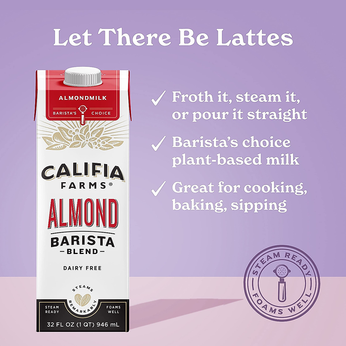 Califia Farms - Original Almond Barista Blend Almond Milk 32 Oz (Pack Of 6), Shelf Stable, Dairy Free, Plant Based, Vegan, Gluten Free, Non GMO, High Calcium, Milk Frother, Creamer