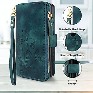 Lacass [Cards Theft Scan Protection 10 Card Slots Zipper Pocket Wallet Case Flip Leather Phone case Cover for Samsung Galaxy Z Fold 4 / z fold4 5G (2022)(Floral Cyan)