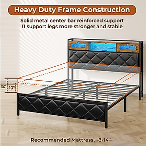 DICTAC Queen LED Bed Frame with Bookcase Storage Headboard, Charging Station,Hidden Storage Space Metal Platform Bed Frame with Storage Shelves & LED Lights,Faux Leather,Heavy Duty Metal Slats,Black
