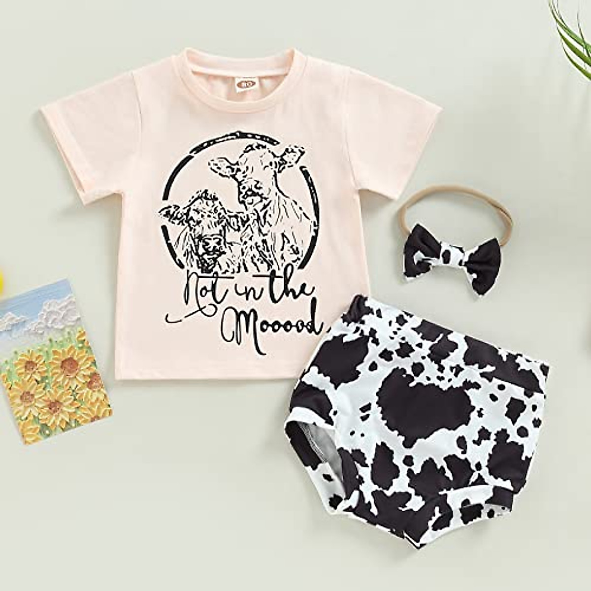 TheFound Summer Toddler Girls Clothes Short Sleeve Bull Print Tops Elastic Waist Short Headband Casual Cute Outfits (Beige, 12-18 Months)