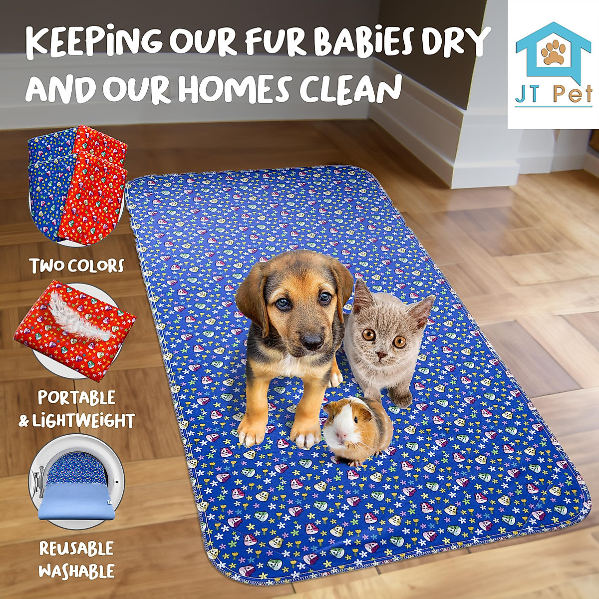 JT Pet Guinea Pig Cage Liner Fleece Cage Liners Puppy Pads Washable Reusable Waterproof Pee Pads Hamster Bedding Extra Large Dog Crate Lining (Set of 4 - 47" x 24") (Blue Red Piggies)