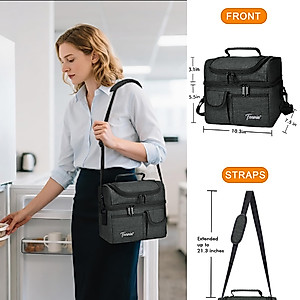 Tirrinia Insulated Lunch Bag, Leakproof Thermal Bento Cooler Tote for Women and Men, Dual Compartment with Shoulder Strap, 10.3" x 7.5" x 8.6", Black