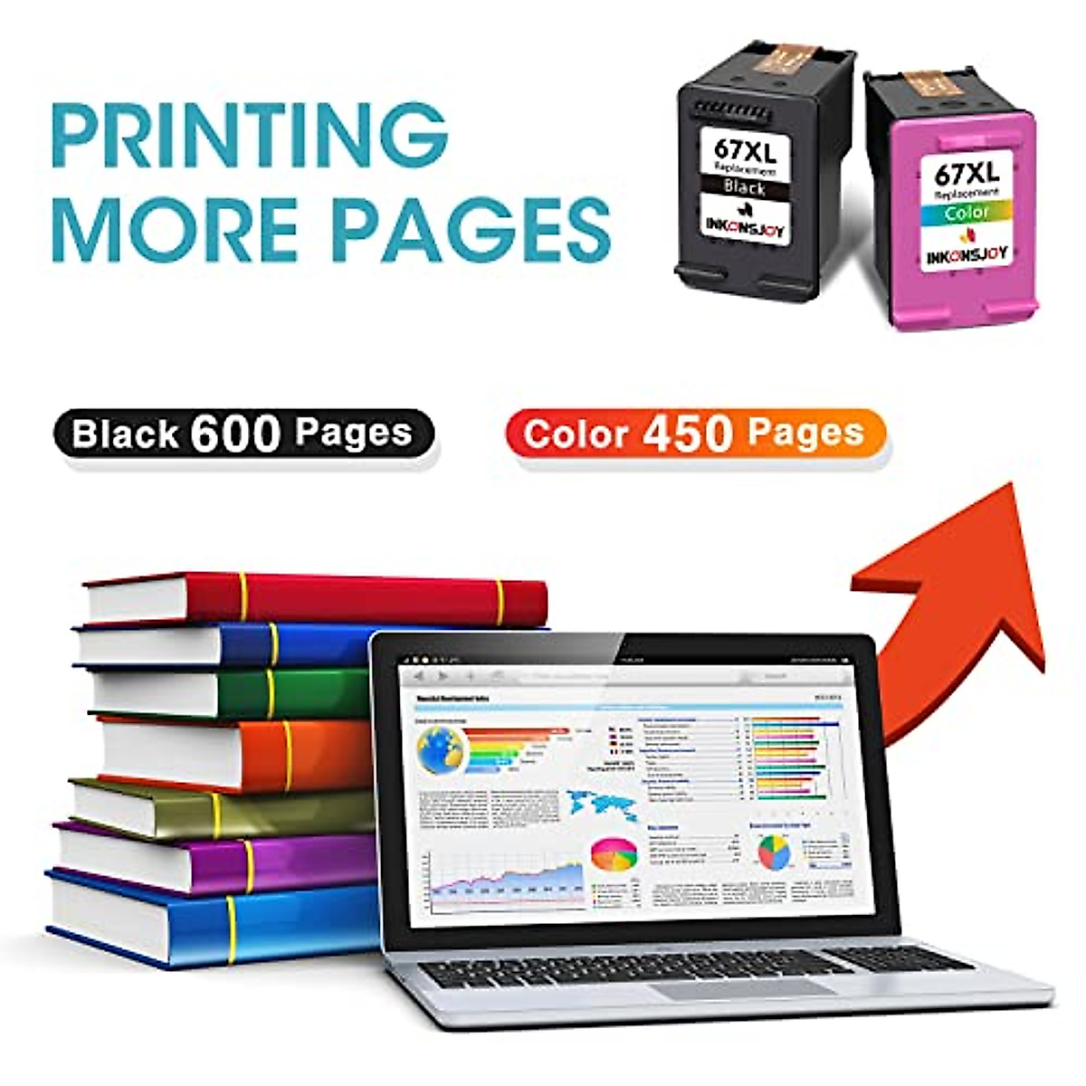 INKONSJOY Remanufactured 67XL Ink Cartridges Black/Color Combo Pack -67 Ink Cartridge for DeskJet 2700 2725 2752 2755 2732 Plus 4100 4152 4155 4140 Envy 6000 6055 6052 Pro 6400 452 6455 Replacement