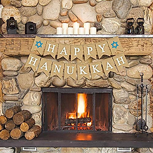 Rainlemon Jute Burlap Happy Hanukkah Banner Rustic Chanukah Holiday Mantel Fireplace Garland Decoration Supply