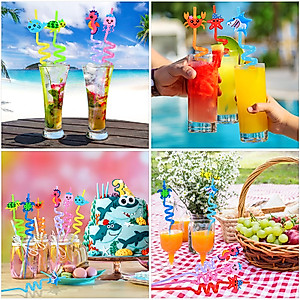 24 Under The Sea Party Favors Crazy Straws for Kids, Silly Fun Reusable Straws, Twisty Curly Kids Plastic Drinking Straws with 2 Brushes, Sea Animal Ocean Theme Birthday Party Supplies Goodie Gifts