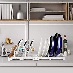 Zvonema ZNM Pan Organizer, Expandable Pot and Pan Organizer for Cabinet, Pots Lid Organizer Rack Holder with 10 Adjustable Compartment for Kitchen Pantry Storage, White